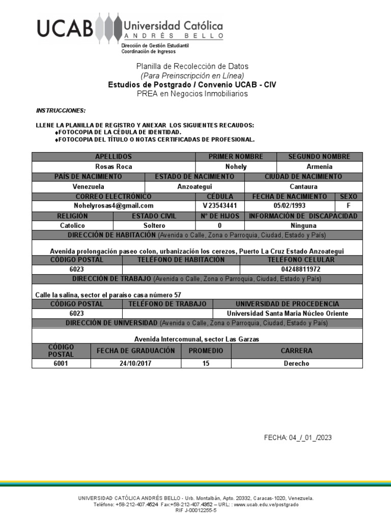 Planilla Preinscripción Postgrado UCAB | PDF