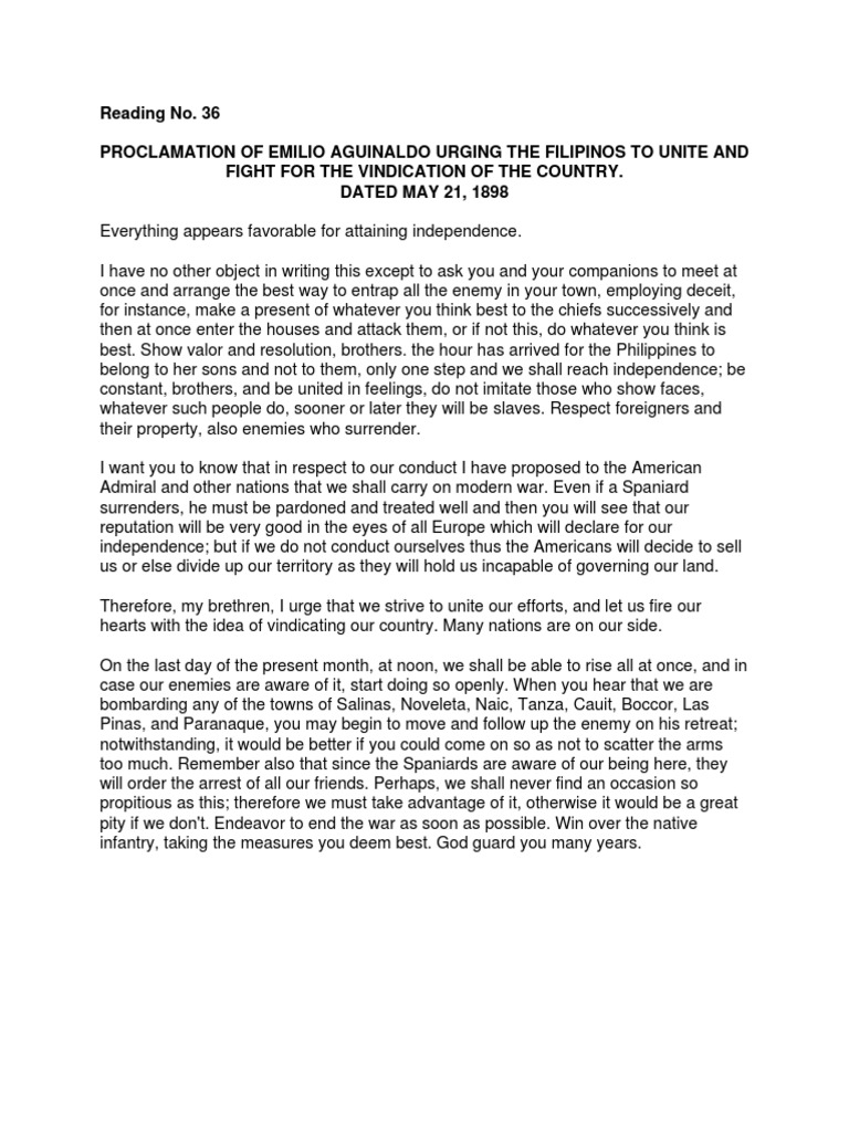 Reading No. 36 PROCLAMATION OF EMILIO AGUINALDO URGING THE FILIPINOS TO UNITE AND FIGHT FOR THE ...