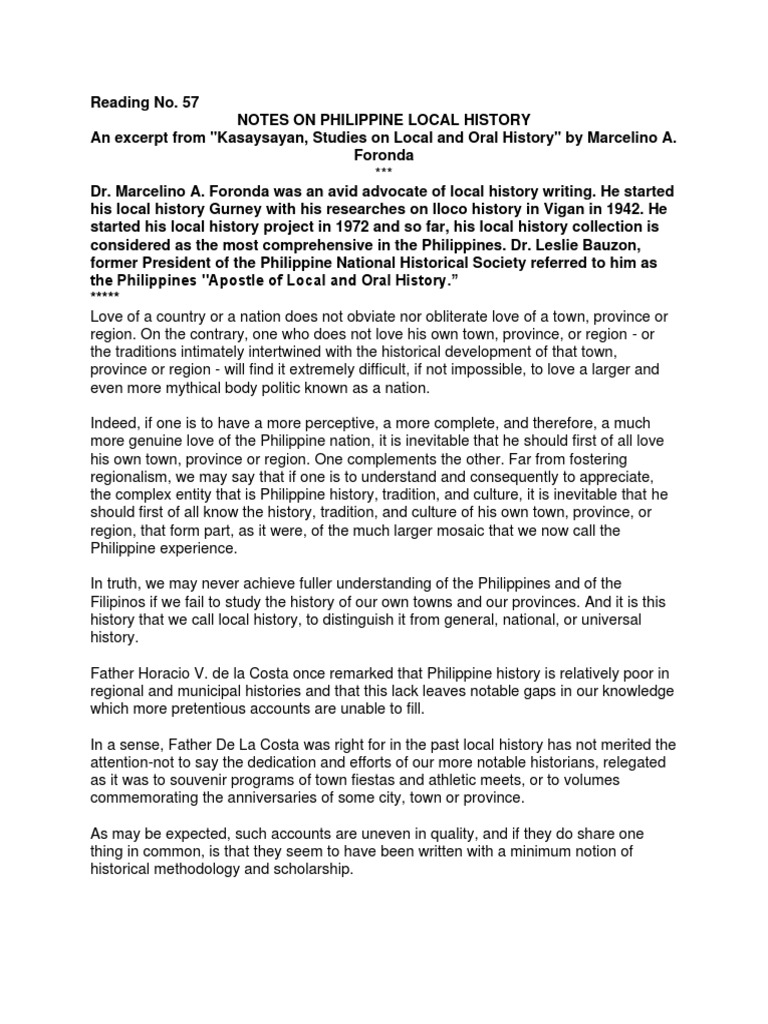 Reading No. 57NOTES ON PHILIPPINE LOCAL HISTORY An Excerpt From ...