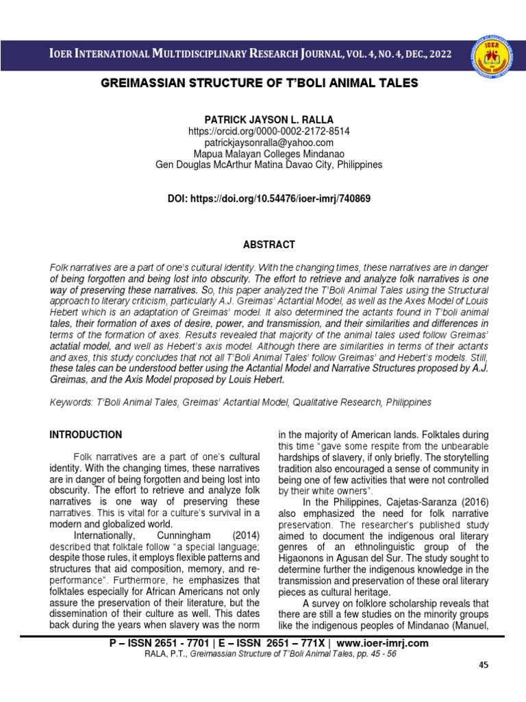 Greimassian Structure of T'Boli Animal Tales | PDF | Narrative | Folklore