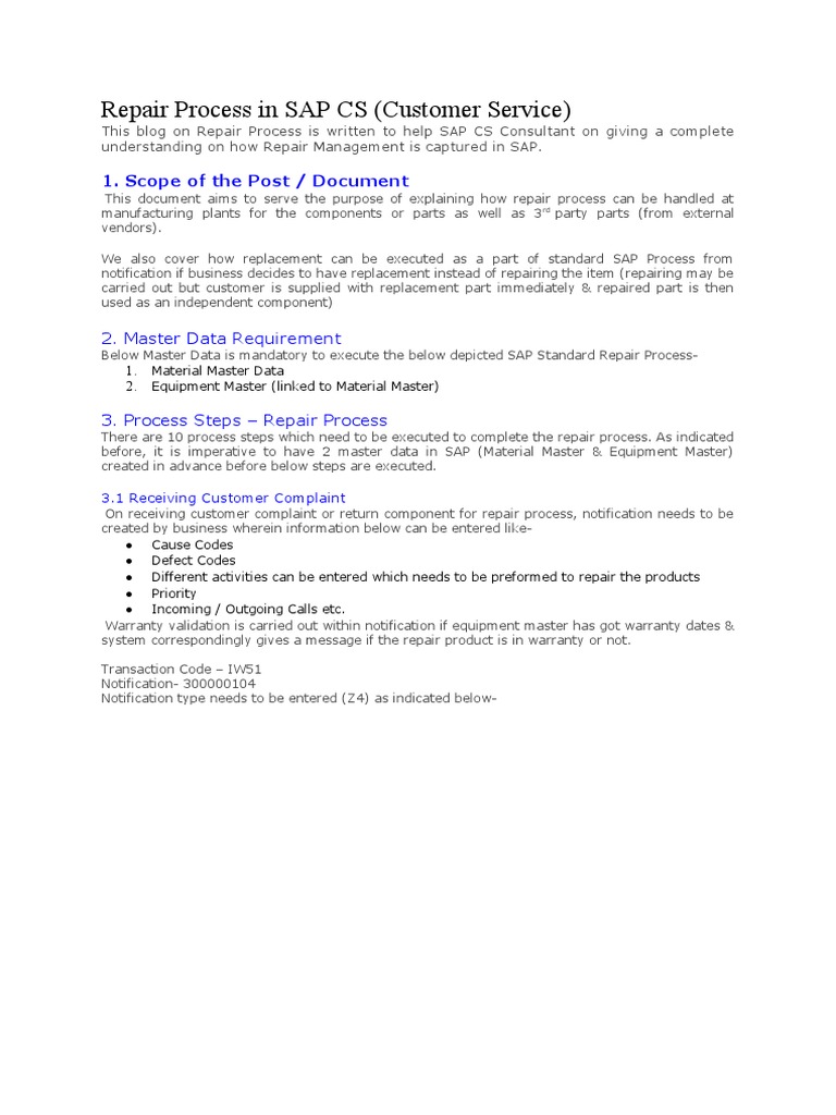 Repair Process in SAP CS - 002023 | PDF