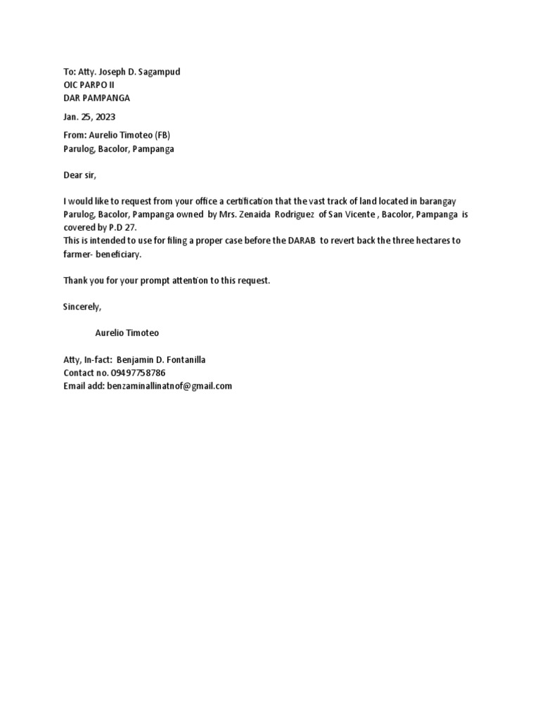 Request for Land Certification in Pampanga | PDF | Law