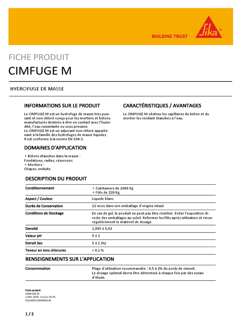 SIKA - Adjuvant CIMFUGE M Pour Beton - Hydrofuge de Masse | PDF