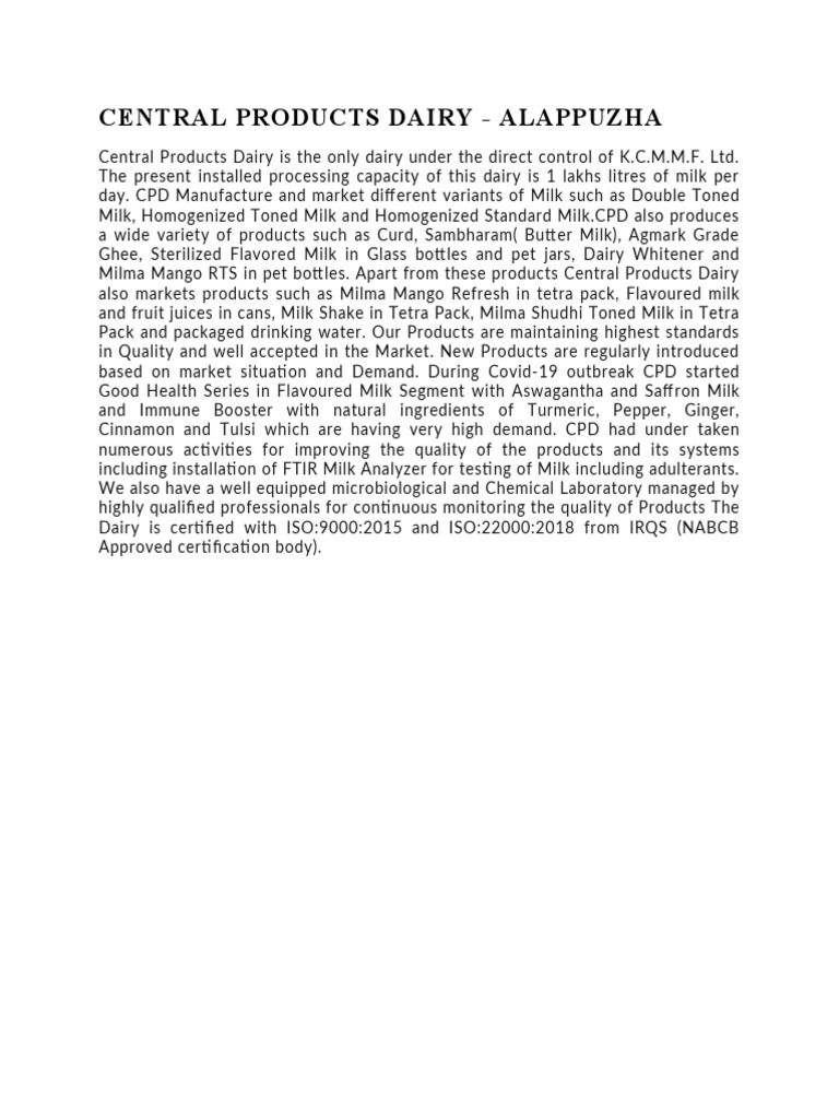Milma Dairy Products Overview | PDF
