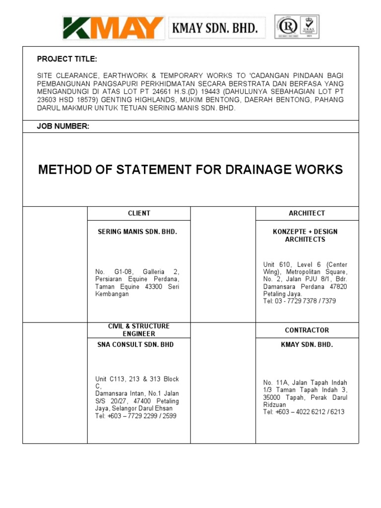 Method Statement for Drainage Works | PDF | Concrete | Drainage
