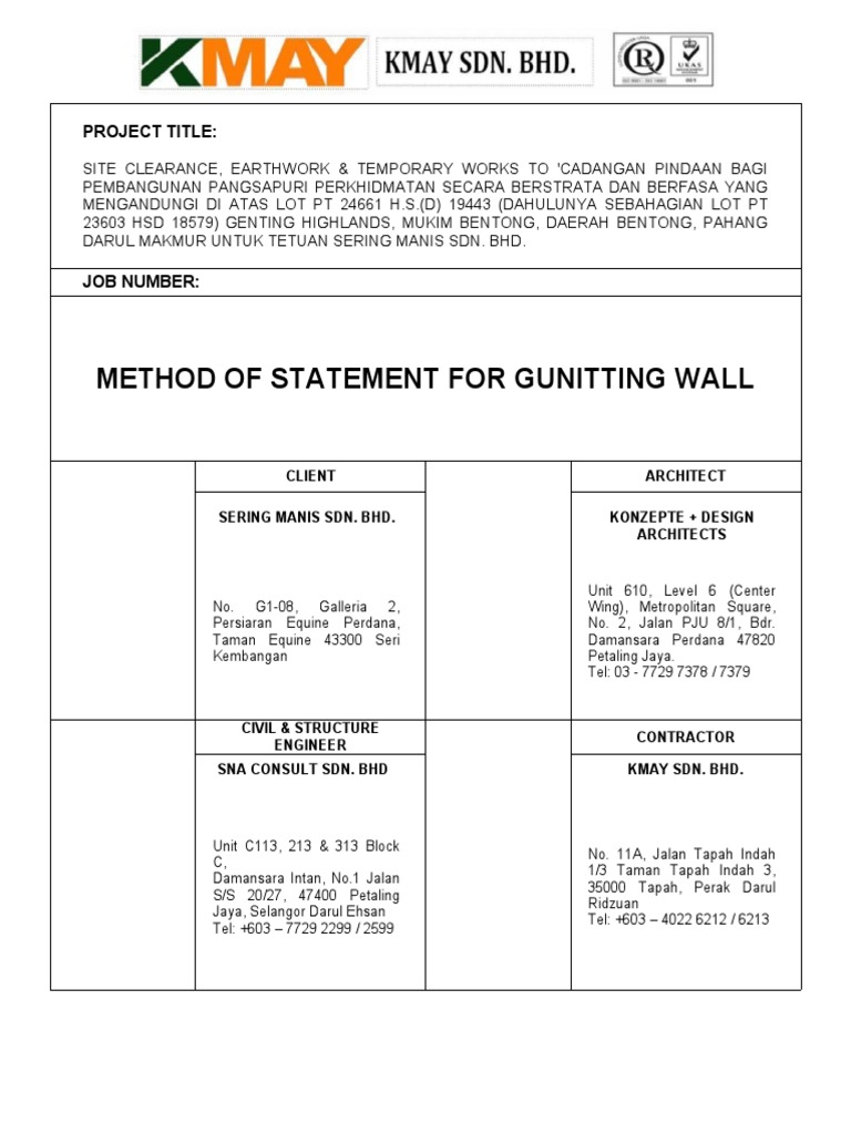 Method Statement for Earthworks and Gunitting Wall Construction at Proposed Residential ...