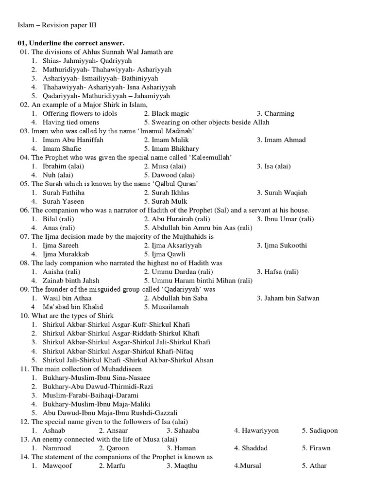 Islam - Revision Paper III | PDF | Hadith | Shia Islam