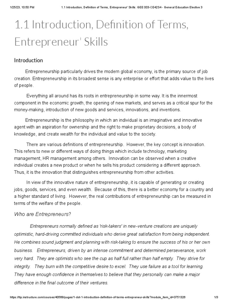 Defining Entrepreneurial Skills and Terms | PDF | Entrepreneurship ...