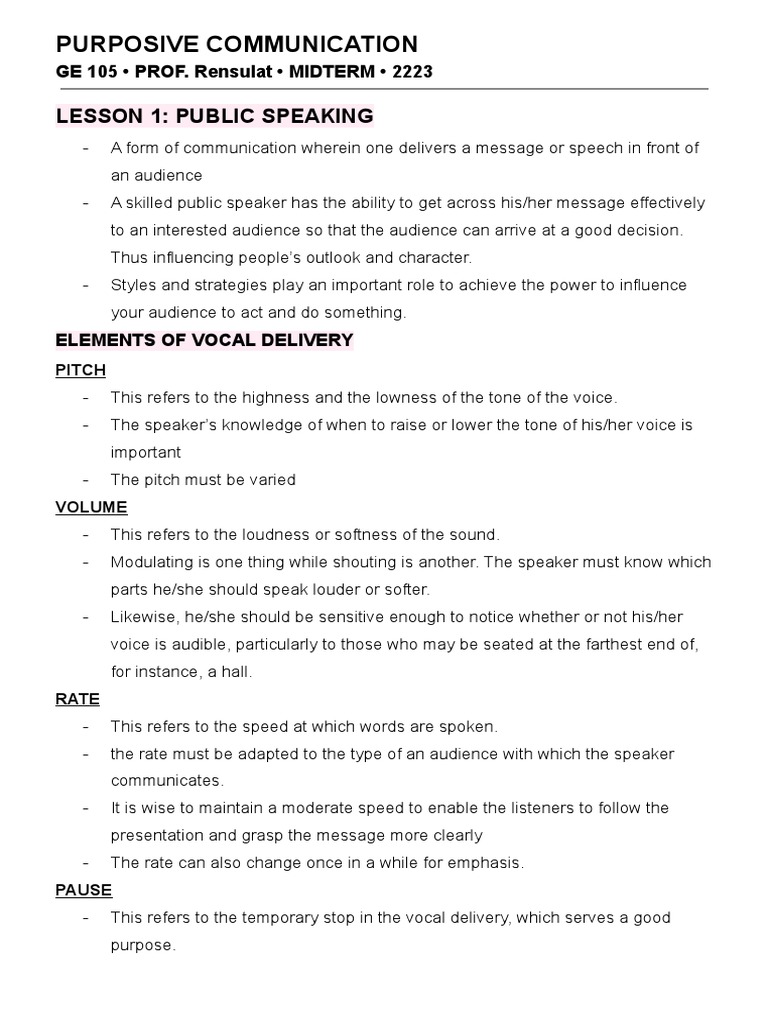 Ge 105 Purposive Communication Lecture Notes PDF | PDF