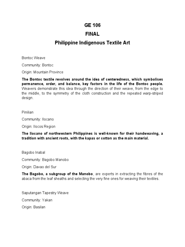 Ge - 106 Arts Appreciation Finals - Reviewer | PDF | Weaving | Textiles Ge - 106 Arts Appreciation Finals - Reviewer | PDF | Weaving | Textiles