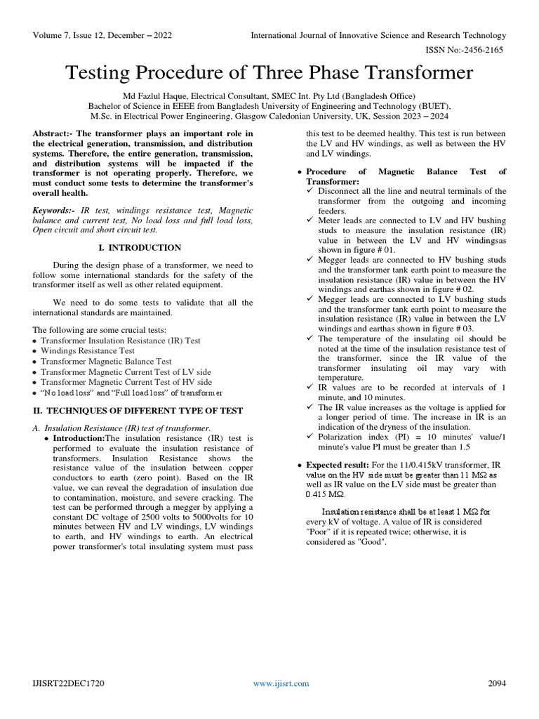 Testing Procedure of Three Phase Transformer | PDF | Transformer | Voltage