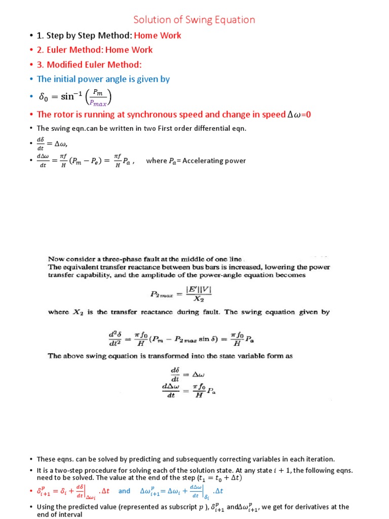 Solution of Swing Equation: Home Work - 2. Euler Method: Home Work - 3. Modified Euler Method ...