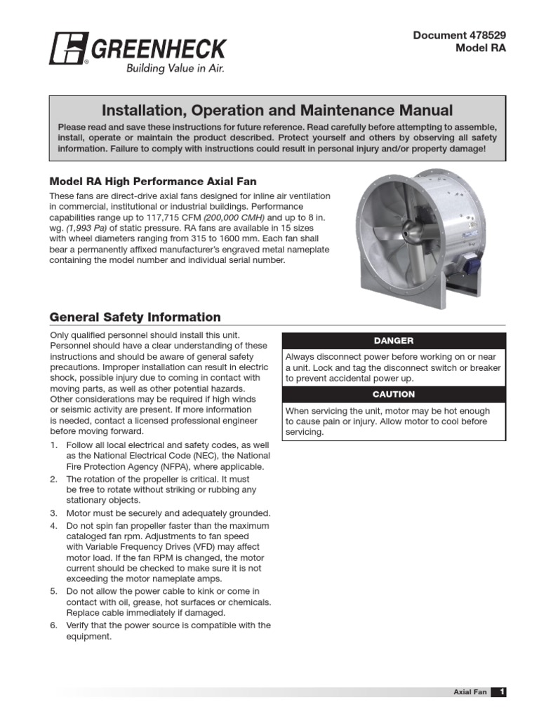1 - Operation Manual For Axial Fan | PDF | Duct (Flow) | Electric Motor