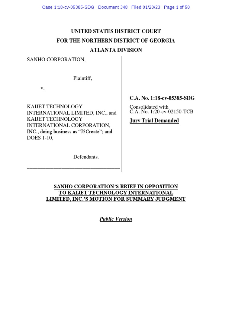 Sanho v. Kaijet - Sanho Response Brief | PDF | Summary Judgment | Substantial Similarity
