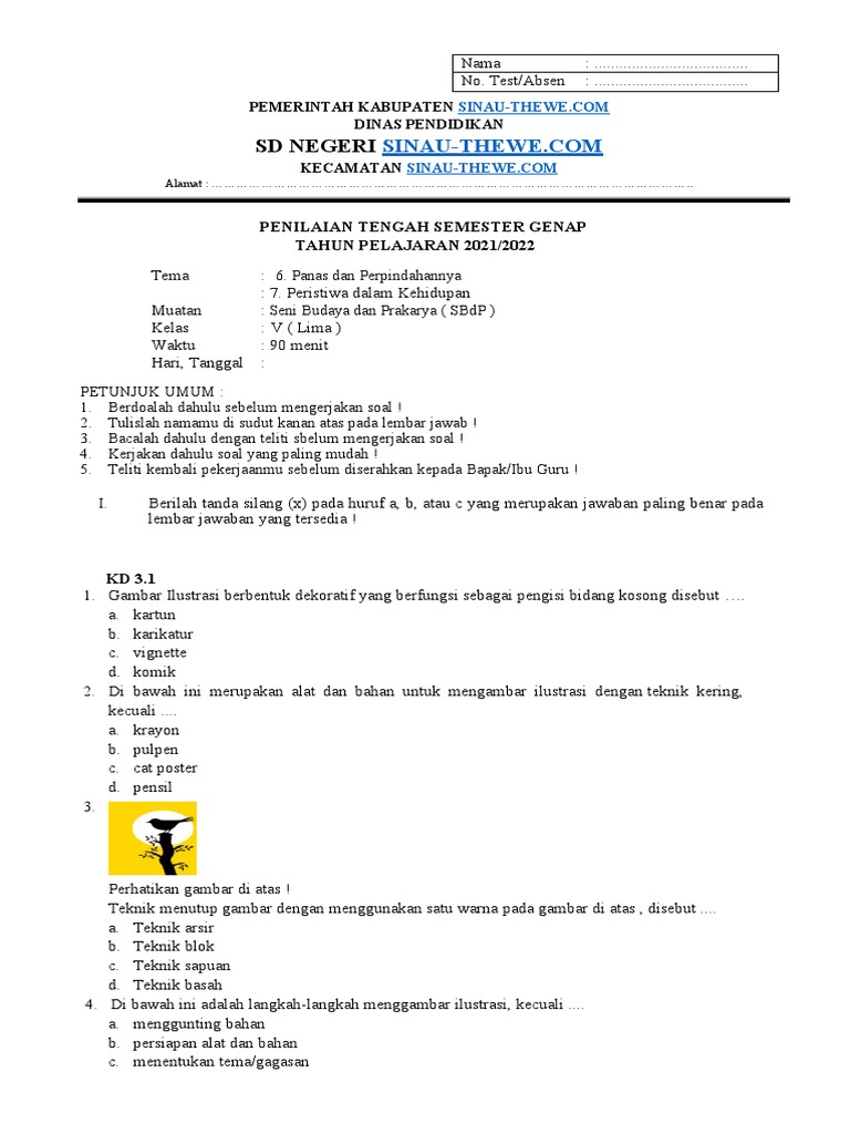 Soal PTS Kelas 5 Semester 2 SBDP Tahun 2022 Sinau-Thewe | PDF