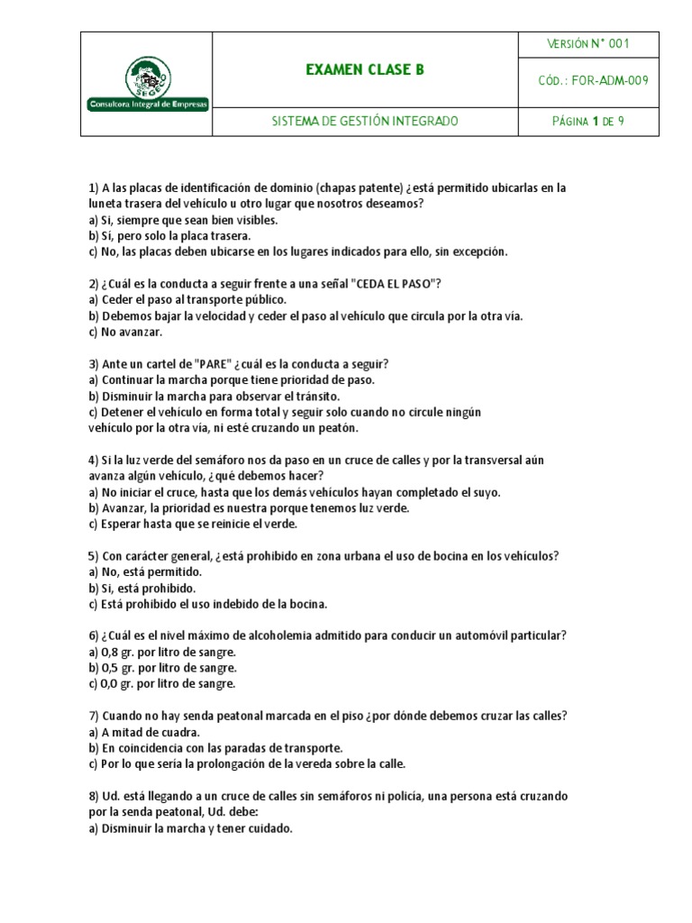 Examen Teórico de Manejo Clase B | PDF | Peatonal | Semáforo
