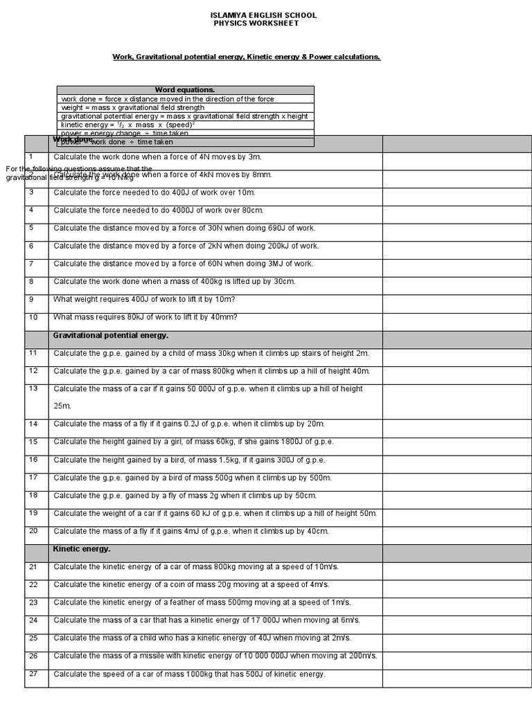 Work Gpe Ke P Calc | PDF | Mass | Potential Energy
