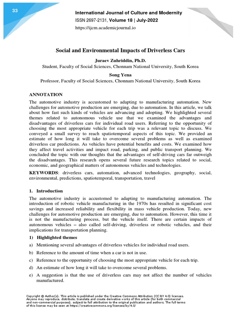 Social and Environmental Impacts of Driverless Cars | PDF | Creative ...