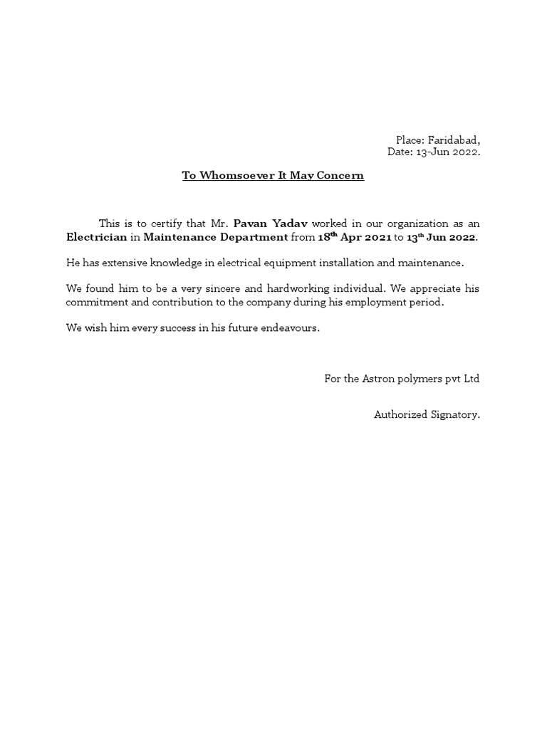 Electrician Work Experience Certificate | PDF