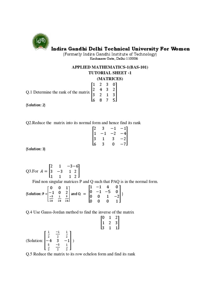 Tut Sheet 1 Matrices Pdf Matrix Mathematics Operator Theory 3326