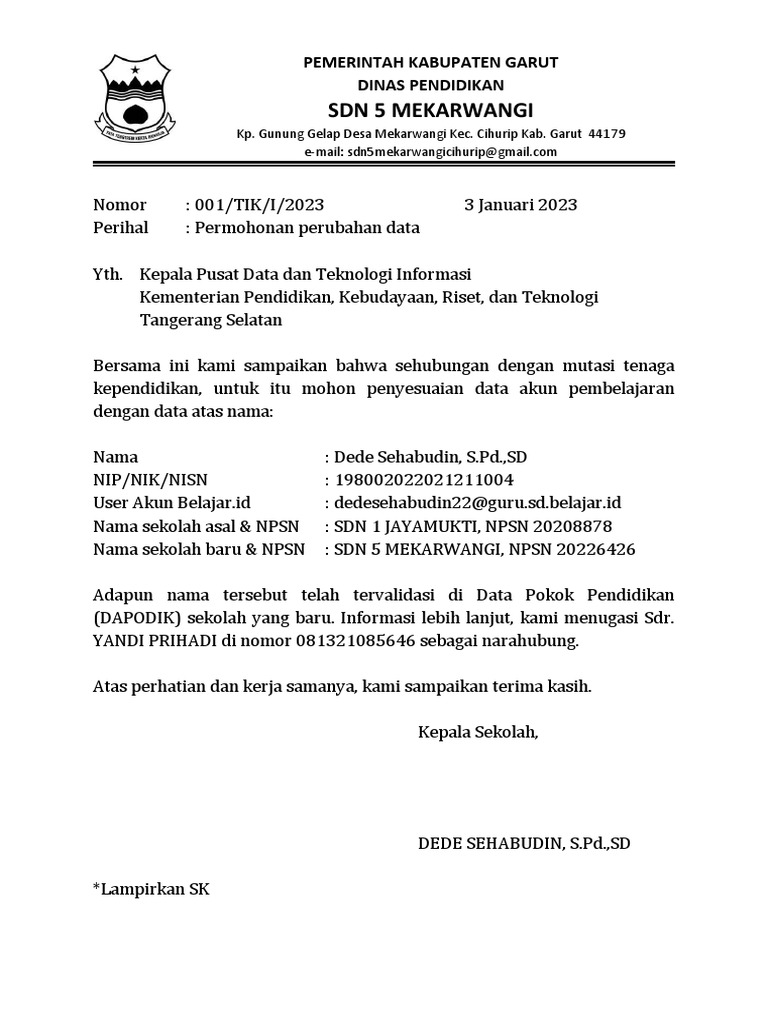 Contoh Surat Perubahan Data Karena Mutasi | PDF
