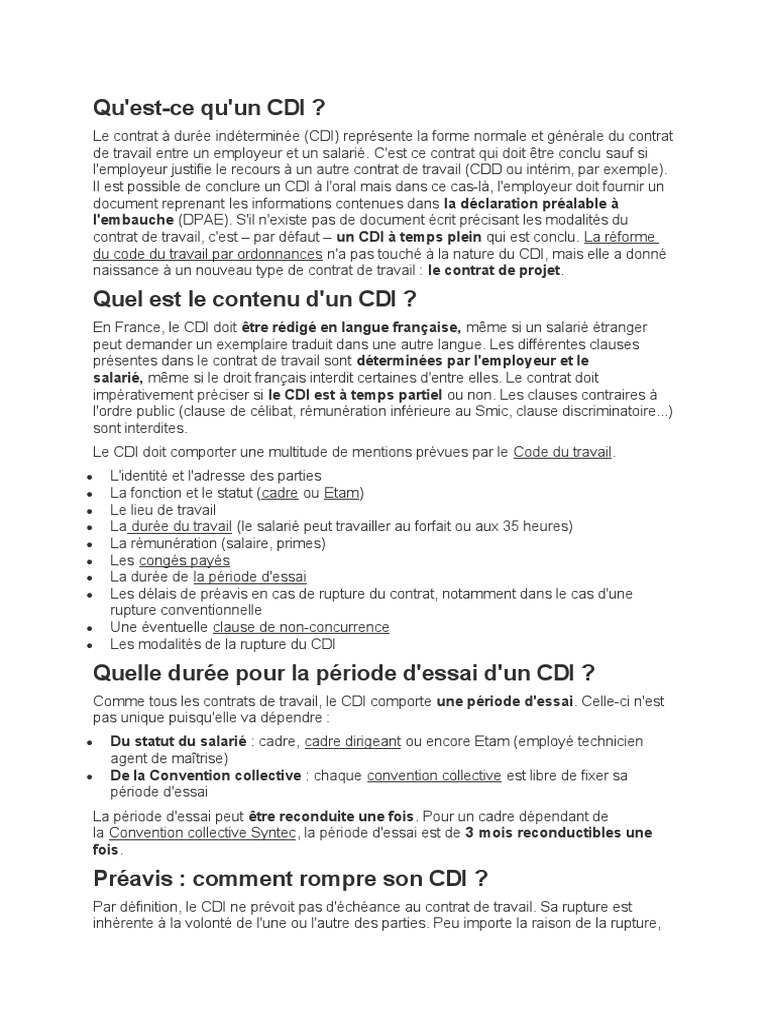 Comprendre le CDI en France | PDF | Business | Travail