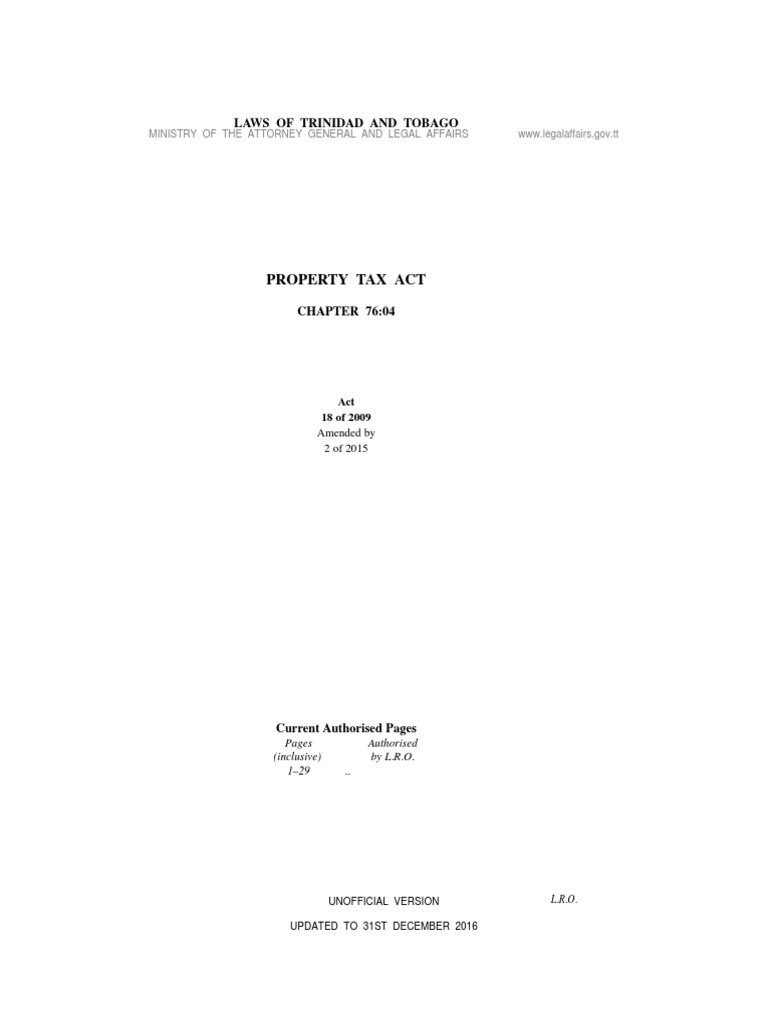 Property Tax Act: Laws of Trinidad and Tobago | PDF
