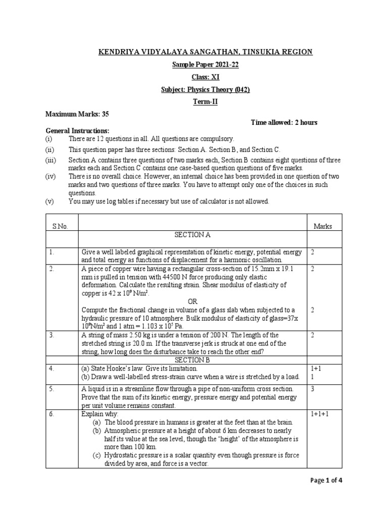 Class XI Physics SP SET 1 | PDF | Pressure | Pendulum