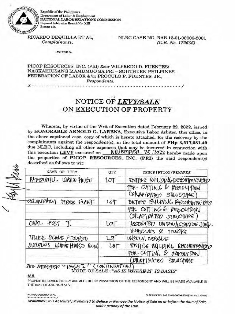 NLRC Notice On PICOP | PDF