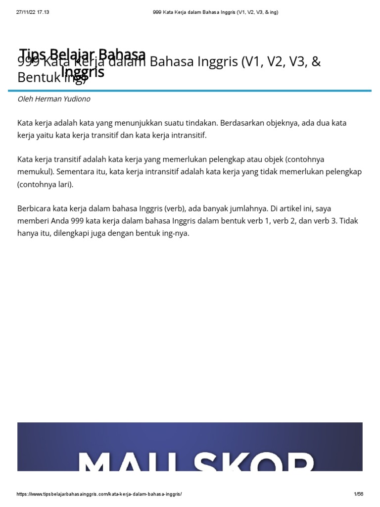 999 Kata Kerja Dalam Bahasa Inggris V1 V2 V3 Ing Pdf
