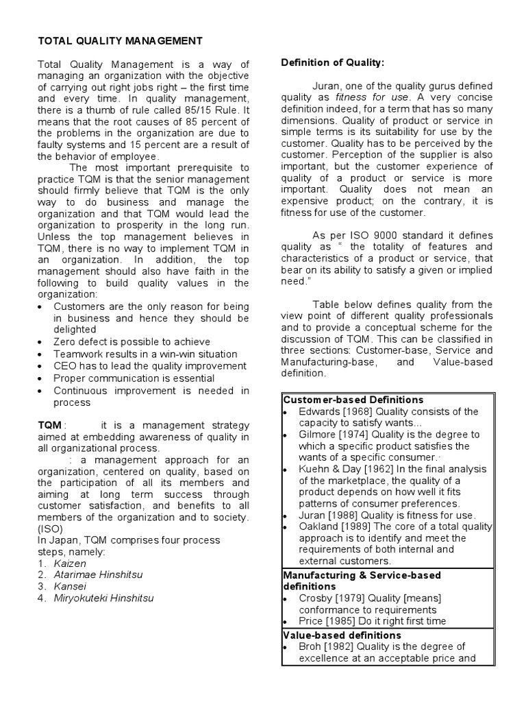 Total Quality Management Definition of Quality | Download Free PDF ...