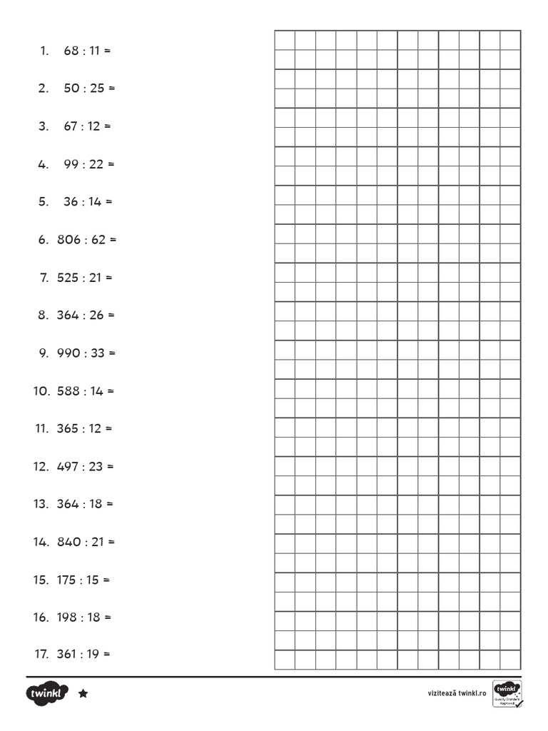 Impartirea Unui Numar Natural La Un Numar de Doua Cifre - Fise de Lucru ...