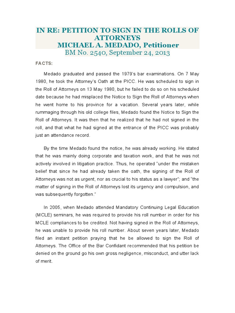 Case Digest in Re - Michael Medado | PDF | Lawyer | Practice Of Law