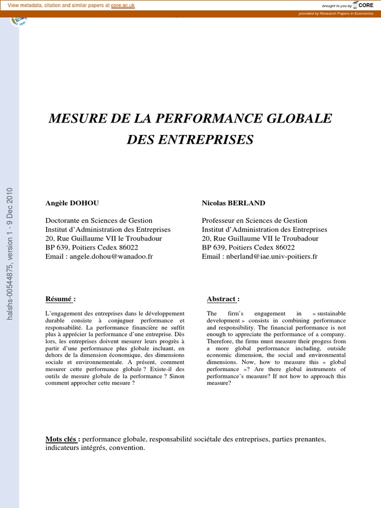 Performance Globale | PDF | Responsabilité sociétale des entreprises ...