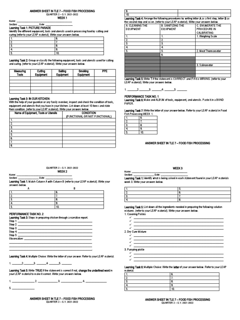 TLE 7 Food Fish Processing Answer Sheet | PDF | Curing (Food ...