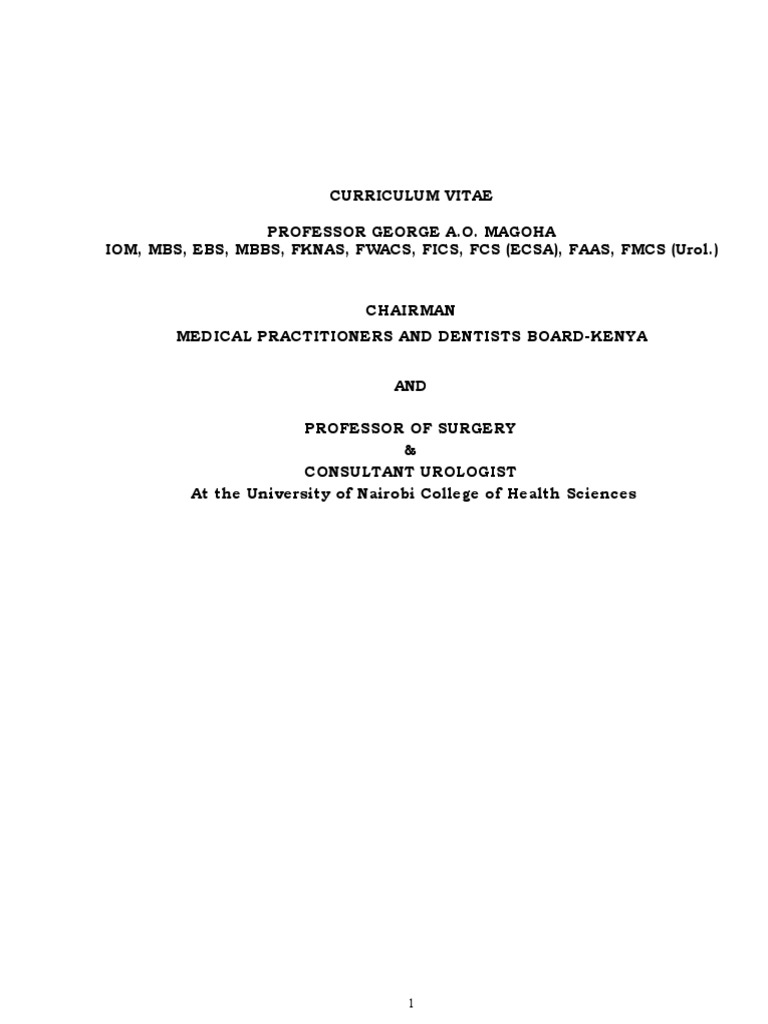 CV For Prof George Magoha-22-Aug-2018 | PDF | Urology | Medicine