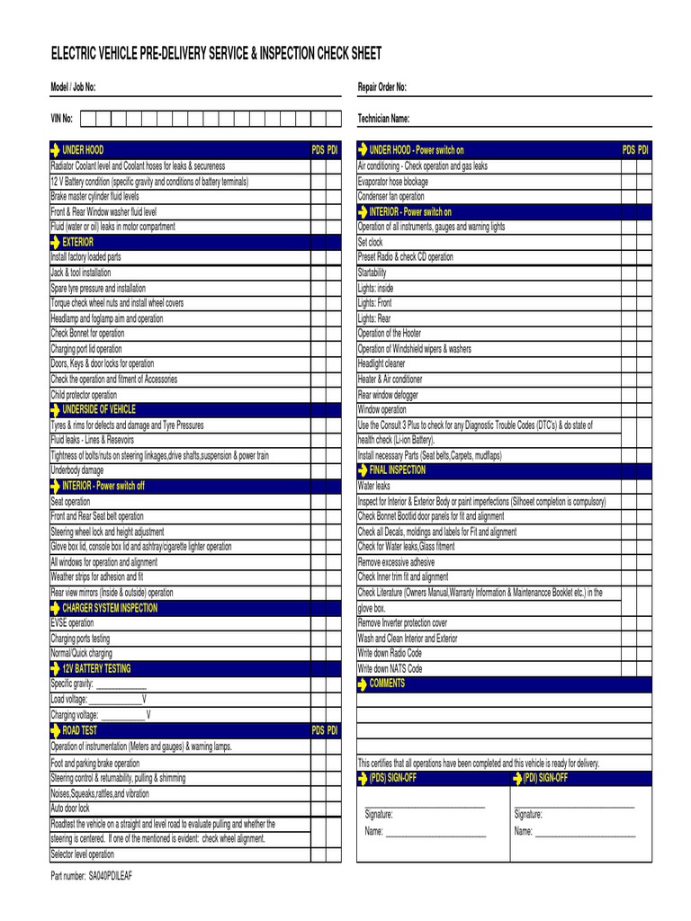 EV PDI PDS Sheet_v2 | PDF | Headlamp | Automotive Industry