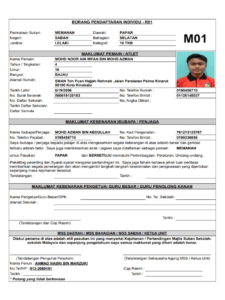 Borang m01 Memanah Msss | PDF