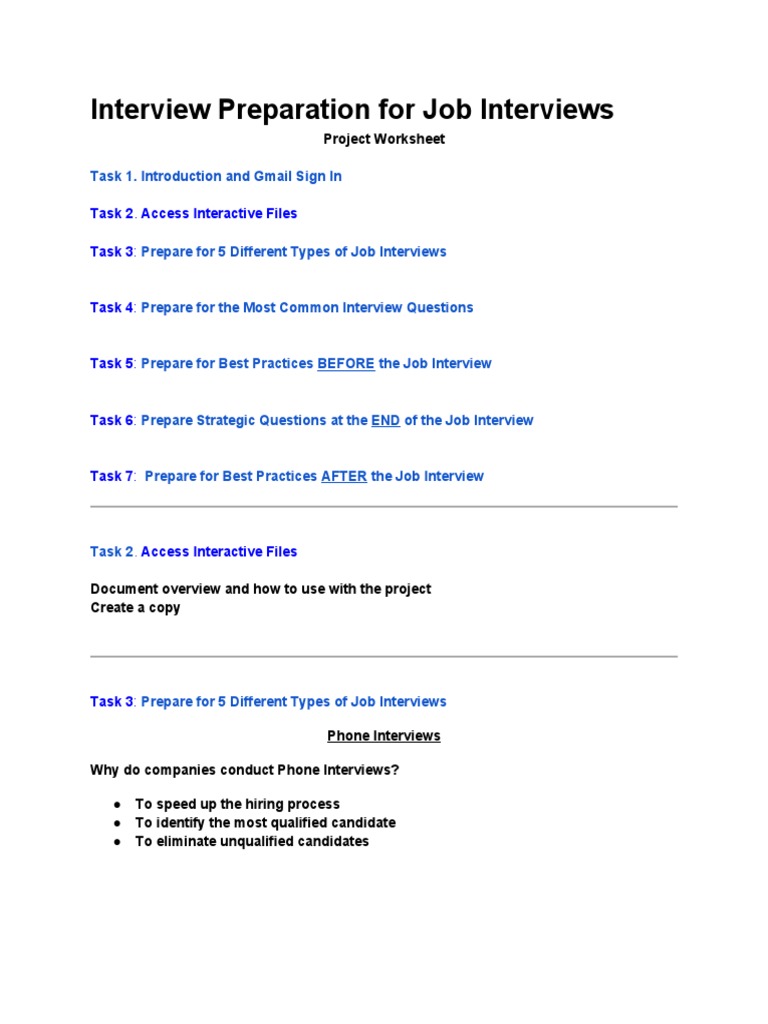 Interview Preparation For Job Interviews Project Worksheet | PDF | Job ...