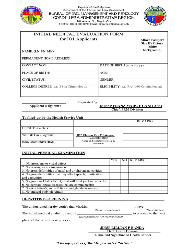 BJMP Initial Medical Evaluation Form | PDF | Clinical Medicine | Health ...