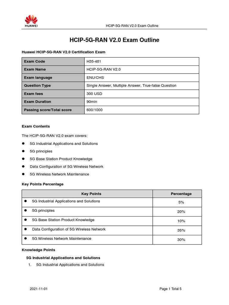 HCIP-5G-RAN V2.0 Exam Outline | PDF | Telecommunications | Electrical Engineering