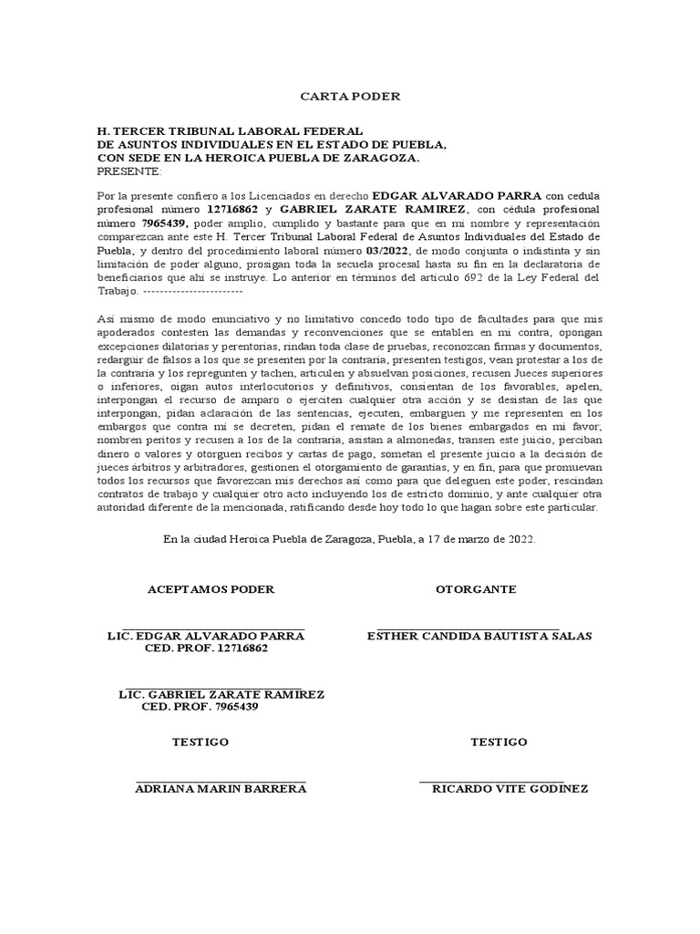 Carta Poder Juicio Laboral