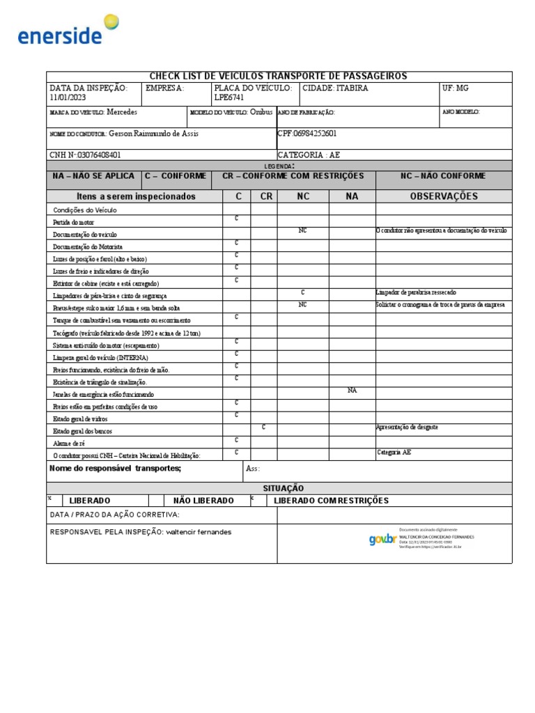Check List de Veiculos Transporte de Passageiros Enerside Itabira Solar ...