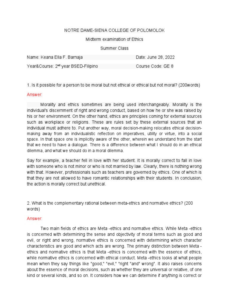 Midterm Exam Ethics | PDF | Id | Morality