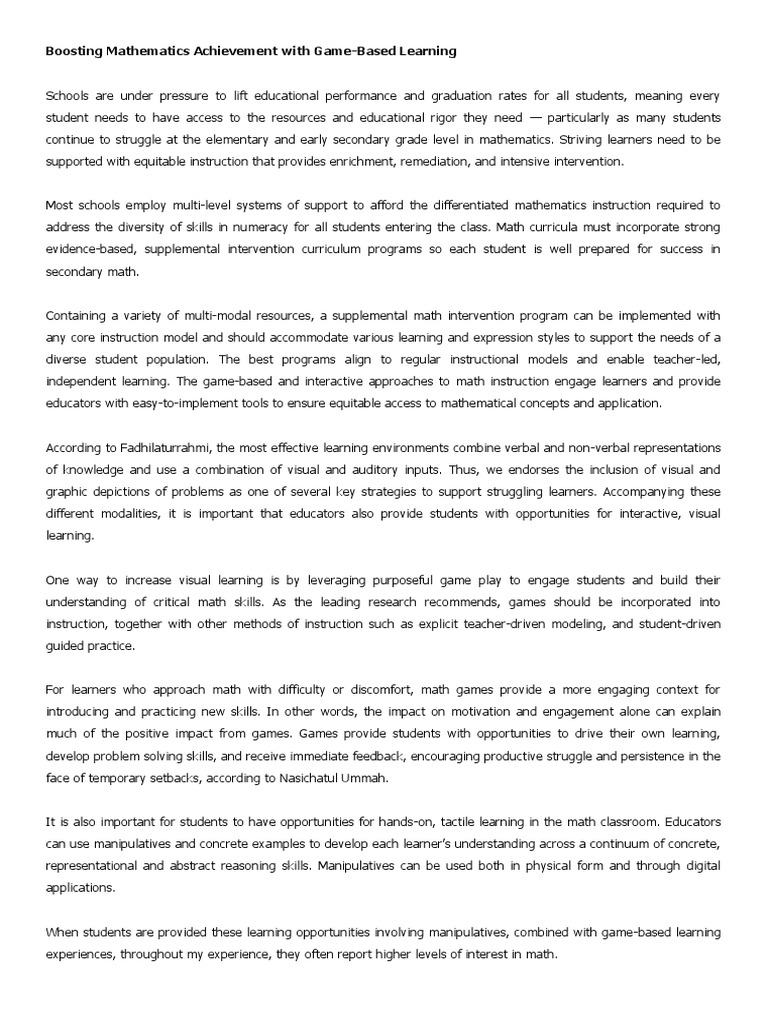 Boosting Mathematics Achievement With Game-Based Learning | PDF | Learning | Mathematics