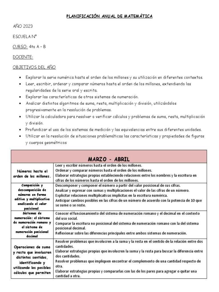 Planificacion Anual Matematica 4to | PDF | Números | Sustracción