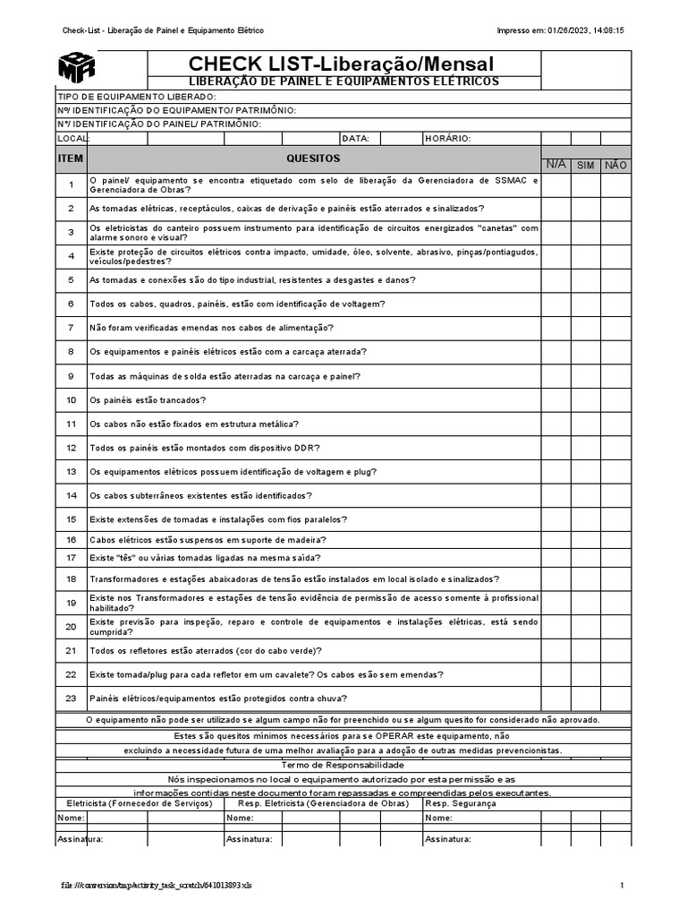 FO-49-00 CHECK LIST - Elétrica | PDF | Eletricista | Fiação elétrica