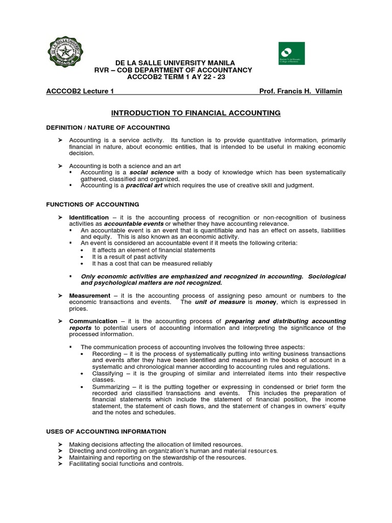 ACCCOB 2 Lecture 1 Introduction To Financial Accounting T1AY2223 1 | PDF | International ...