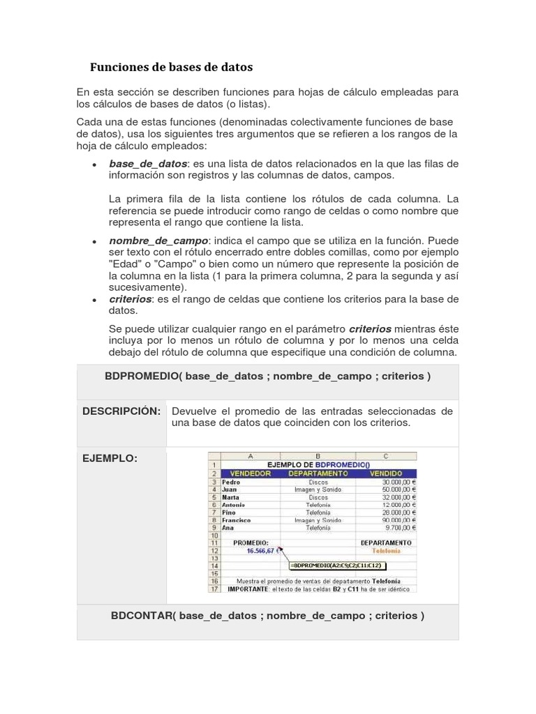 Funciones de Base de Datos | PDF | Bases de datos | Hoja de cálculo
