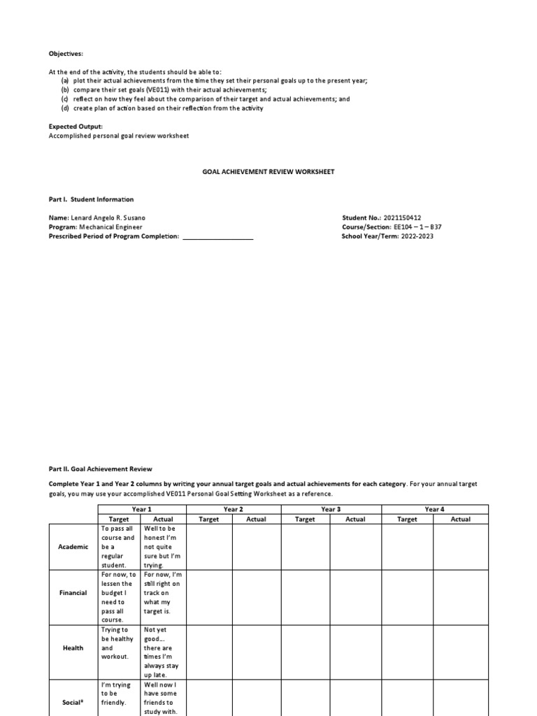 Reflecting on Progress: A Personal Goal Achievement Review Worksheet ...